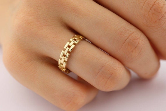14K Gold Ring Minimalist Geometric Ring Mesh Band Ring Womens Gold Rings Etsy