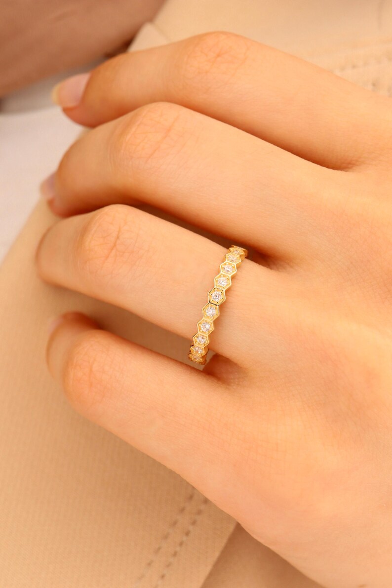 Zircon Stone Half-round Honeycomb Ring, Unique Hexagonal Design ...