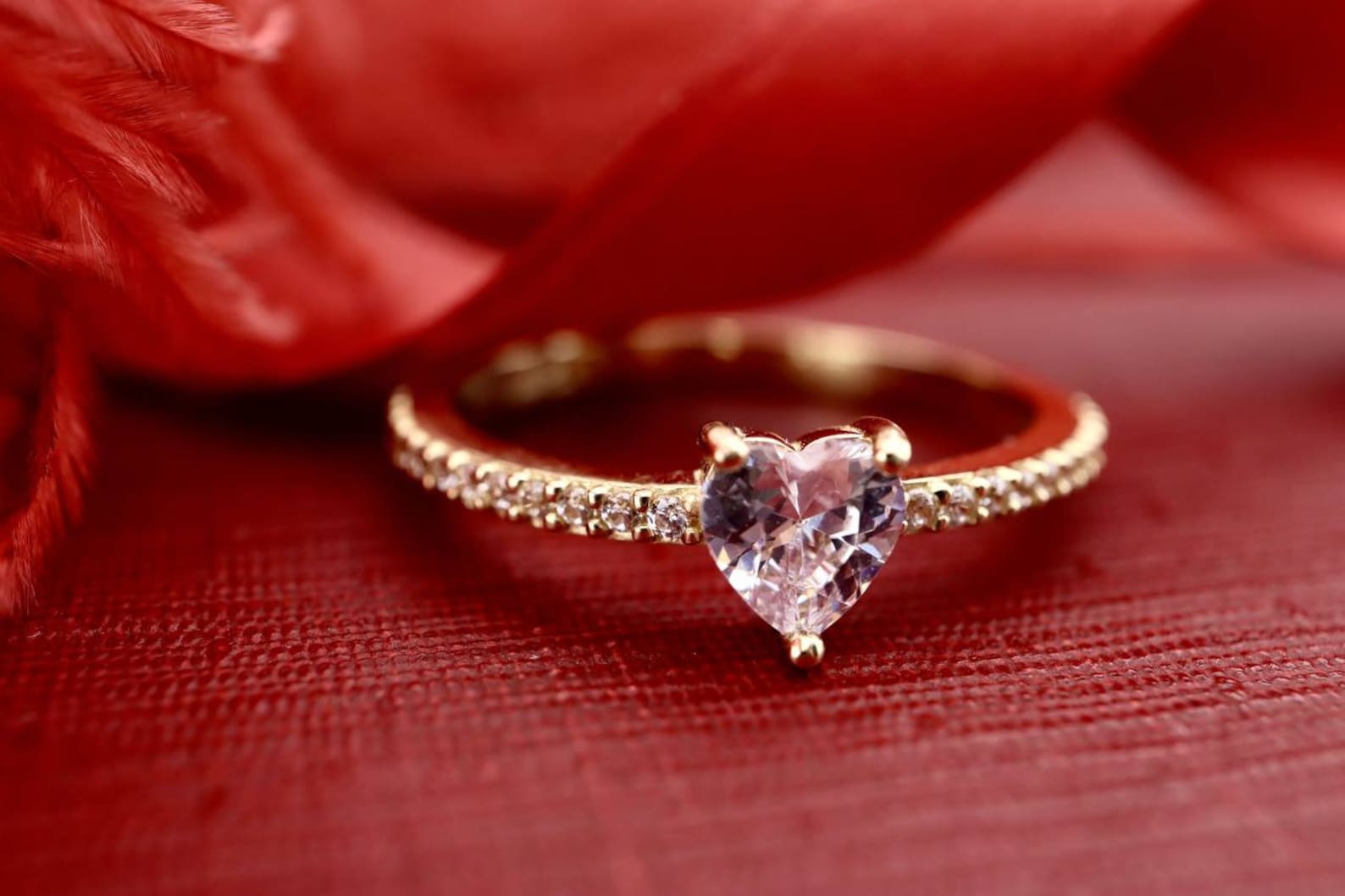 14K SOLID GOLD Heart Shaped Stone Ring Real Gold Delicate | Etsy