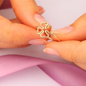 14K Solid Gold Clover Ring-clover Leaf Gold Ring-ring of Luck -four Leaf Clover Ring-gift for ...