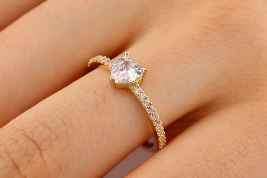14K SOLID GOLD Heart Shaped Stone Ring, Real Gold Delicate Ring With ...