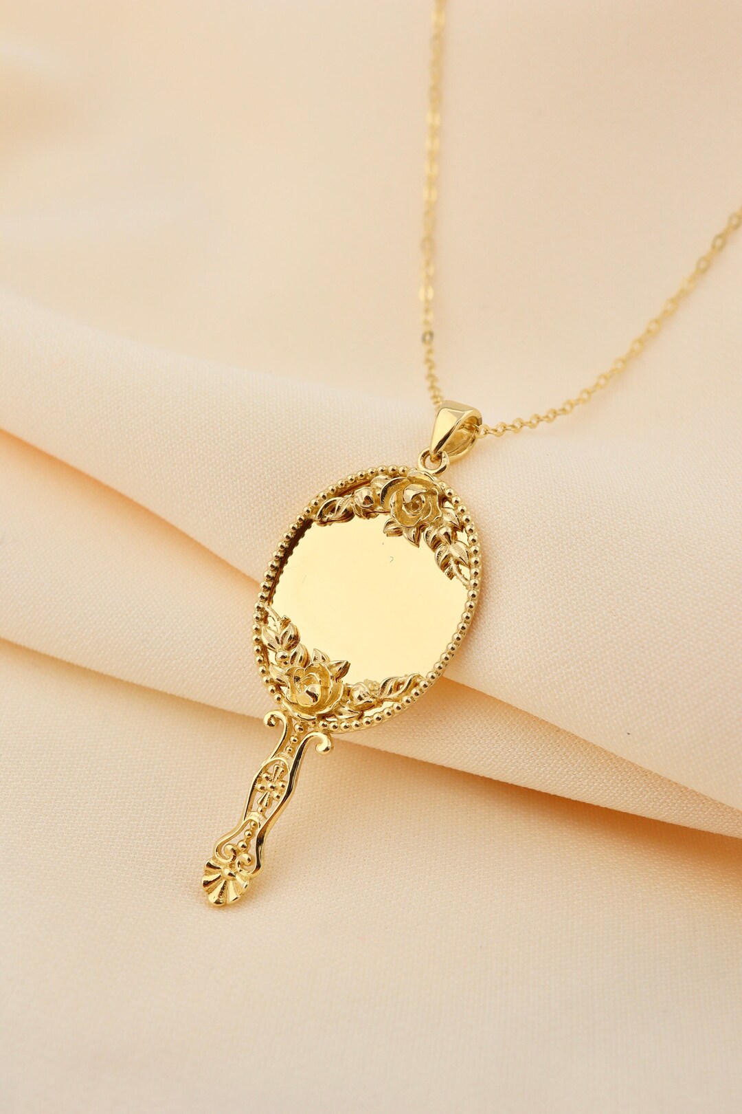 14k Solid Gold Hand Mirror Necklace: Elegant Pendant Gift - Etsy
