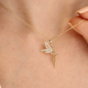 Fairy Necklace 14k Solid Gold - Cubic Zirconia Fairy Charm Pendant ...