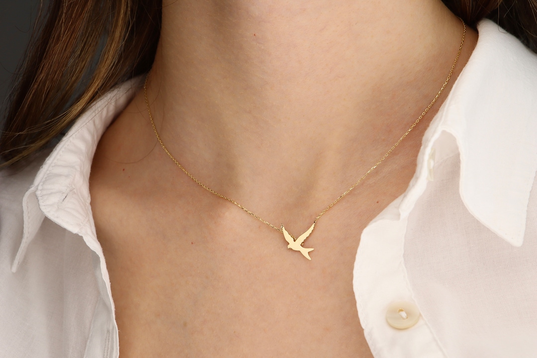 14K Gold Bird Necklace, Solid Gold Necklace, Gold Swallow Necklace ...