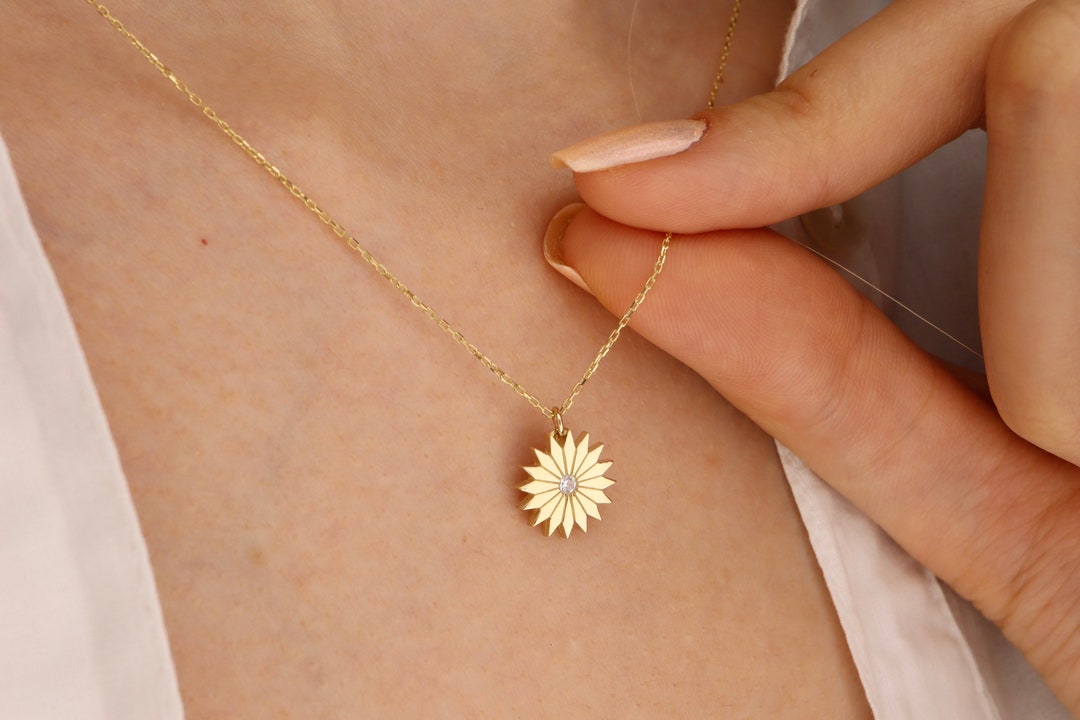 14k Solid Gold Necklace - Golden Sun Pendant - Solid Gold Solar ...