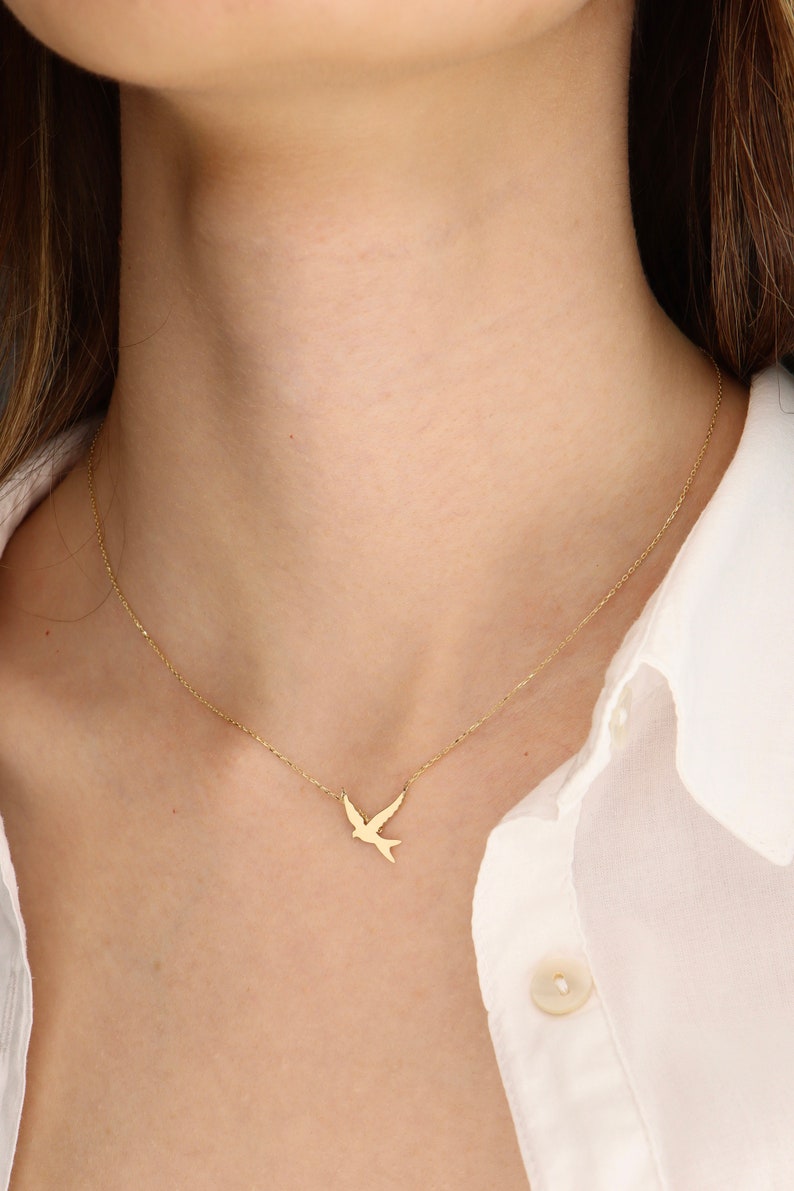 14K Gold Bird Necklace Solid Gold Necklace Gold Swallow - Etsy