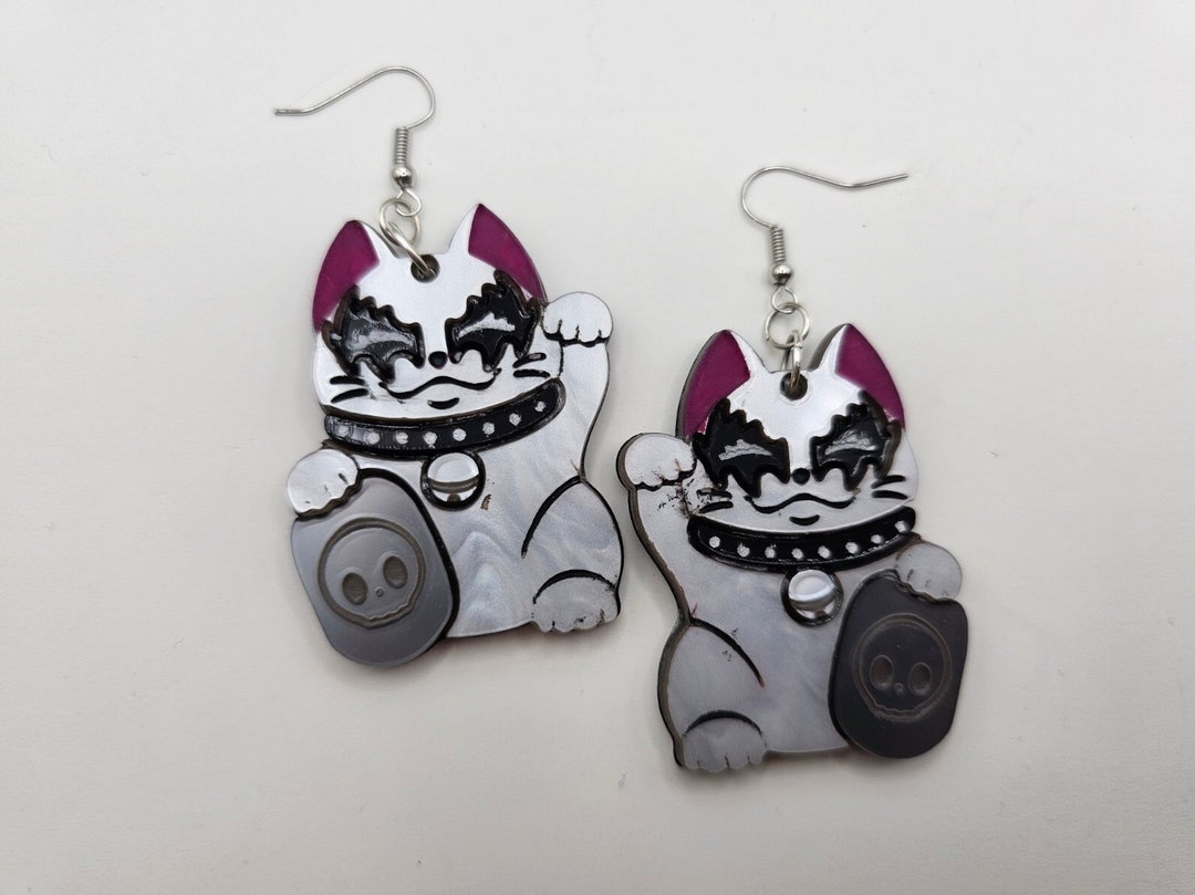 Metal Neko Earrings, Maneki Neko Cat, Acrylic Earrings, Lucky Cat ...