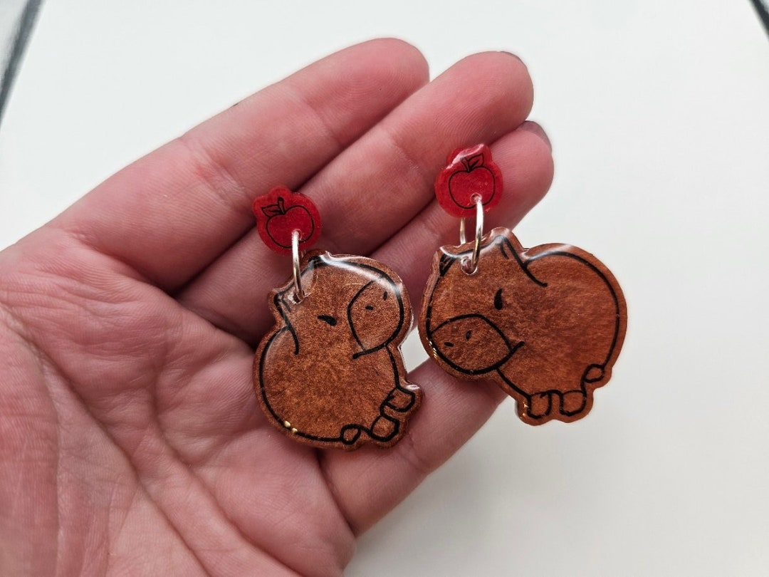Capybara Earrings With Apple Studs, Resin Earrings, Capybara Jewelry ...
