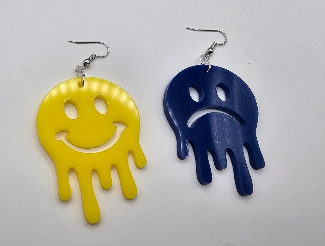 Drippy Happy Face Sad Face Acrylic Earrings, Trippy Jewelry, Smiley ...