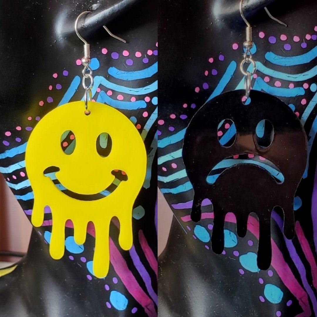 Drippy Happy Face Sad Face Acrylic Earrings Trippy Jewelry - Etsy