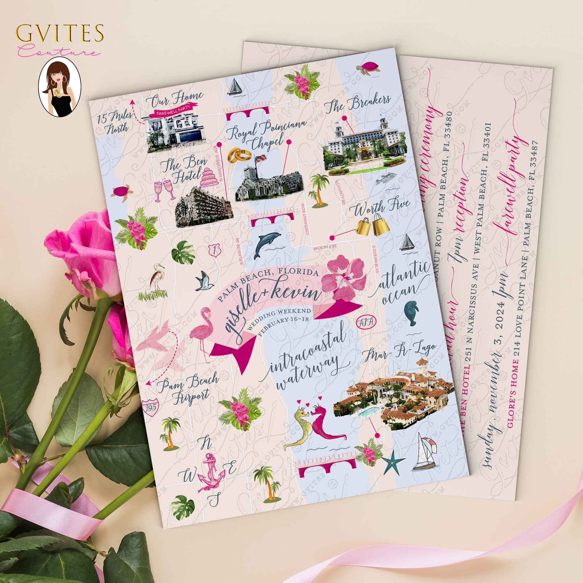 Custom Wedding Map Palm Beach Florida, the Breakers Mar-a-lago Royal ...