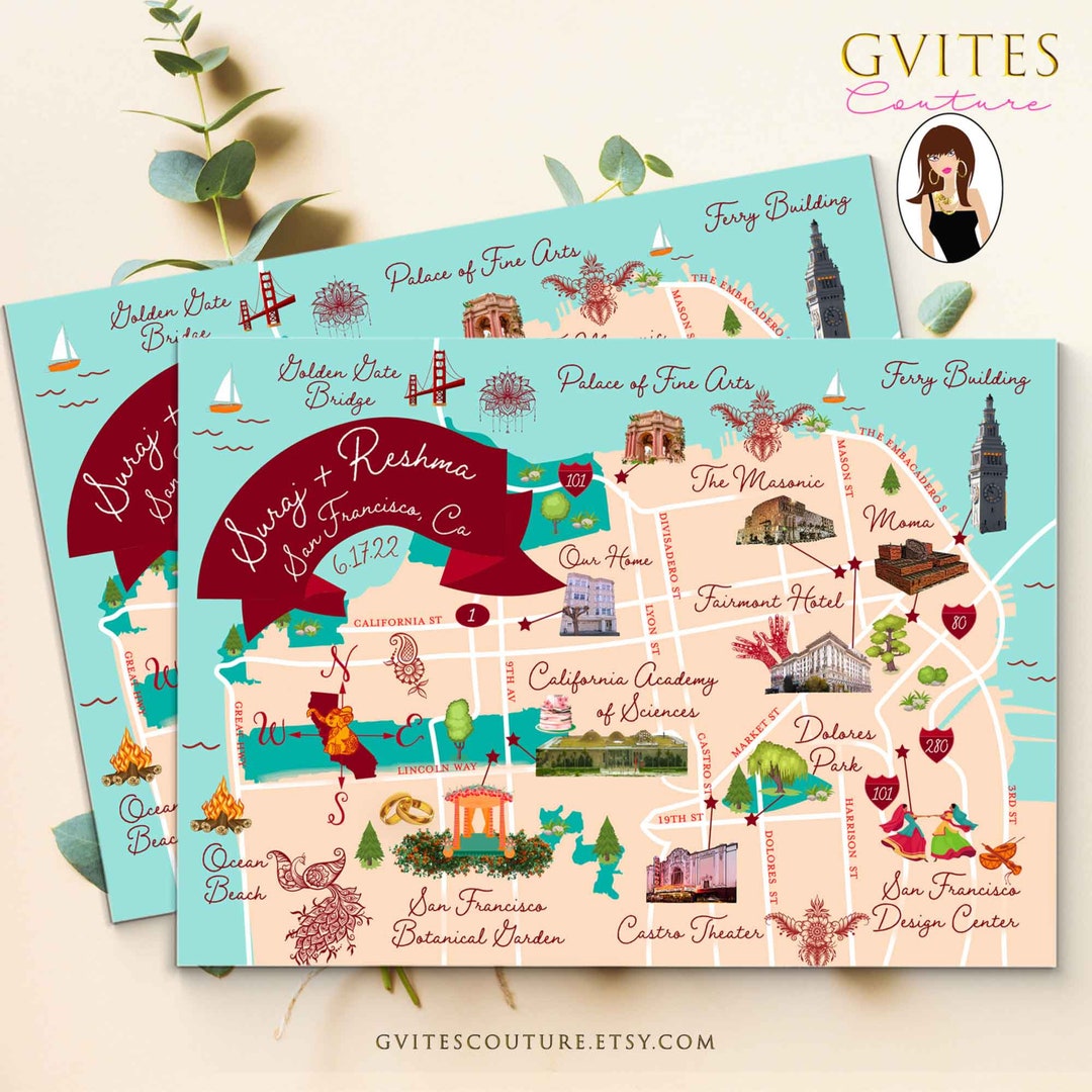 Destination Wedding Map UP TO 4 Landmarks/locations ANY City/theme ...