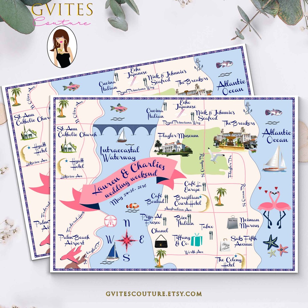 Beach Personalized Wedding Nautical Theme Map 15 Landmarks/locations ...