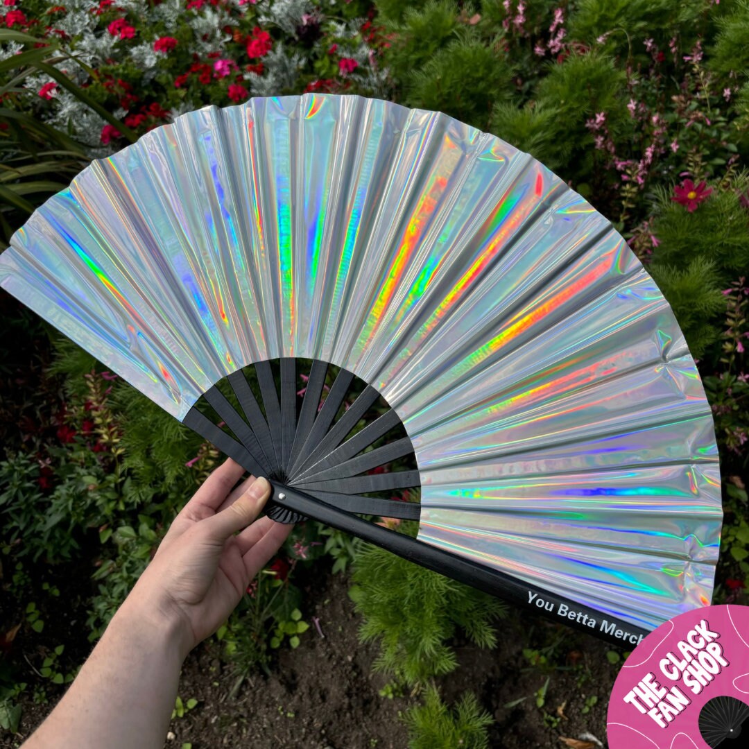 Silver Holographic Clack Fan: Bamboo Handle, Festival Drag Queen Fan - Etsy