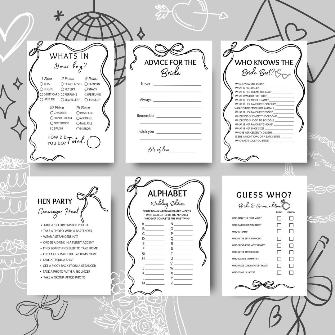Hen Party Games Bundle, Cute Black Bow Theme, Hen Do Game, Hen ...