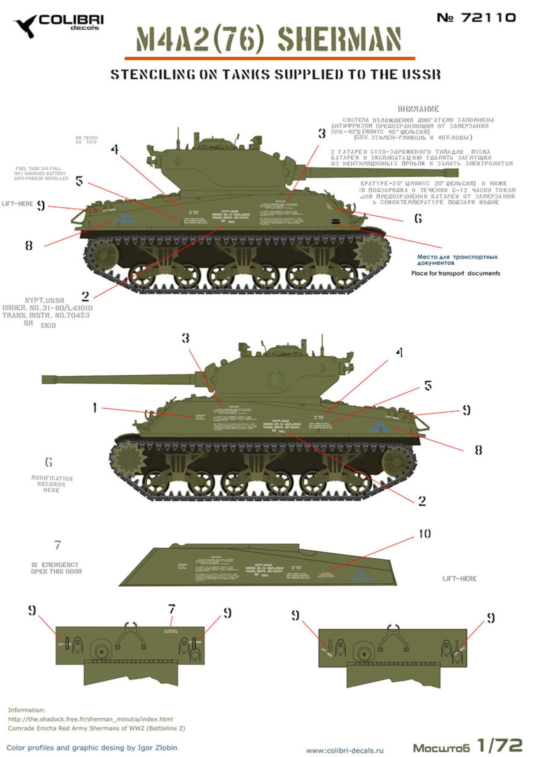 1/72 Colibri Decals #72110 - M4A2 Sherman (76) W - Stencil Lend-lease ...