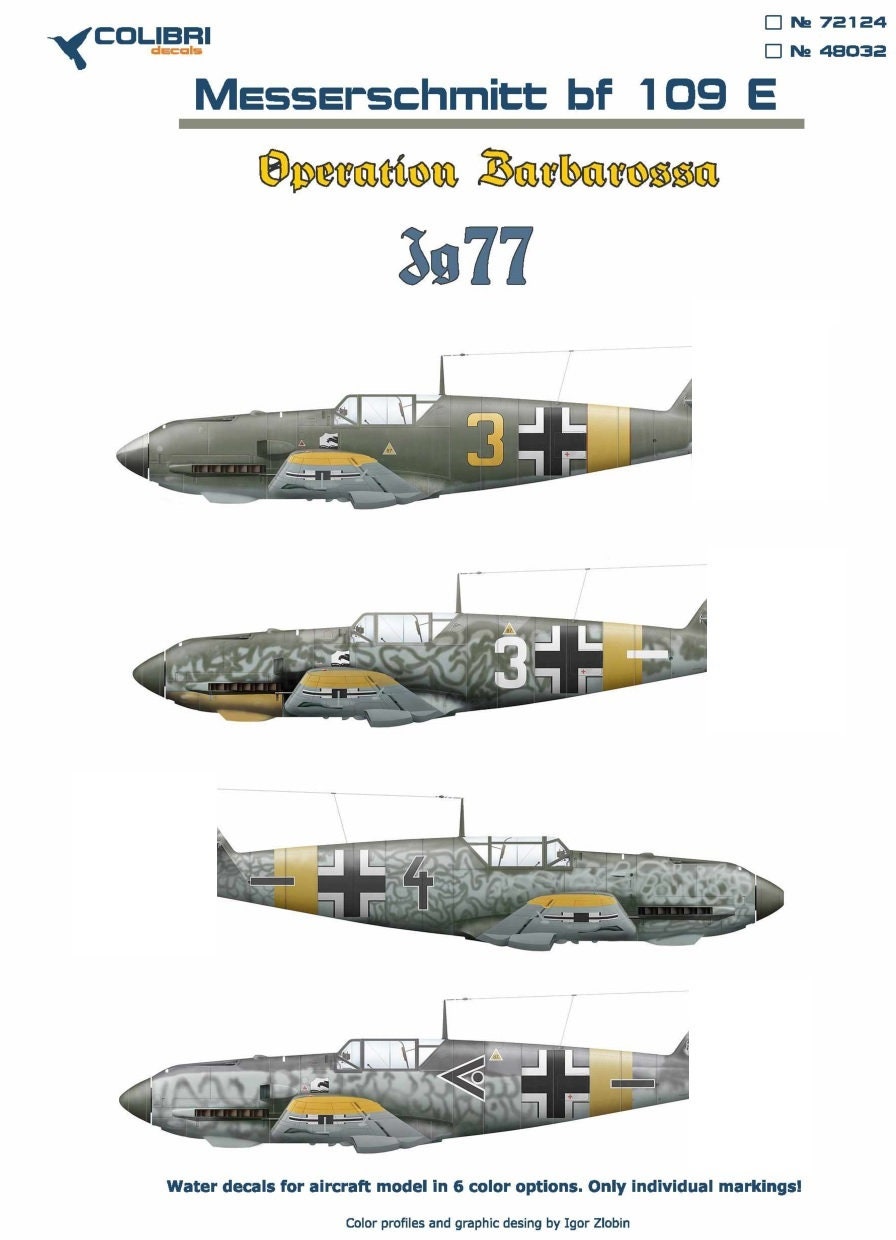 1/48 Colibri Decals #48032 - Bf-109 E JG 77 (operation Barbarossa) - Etsy