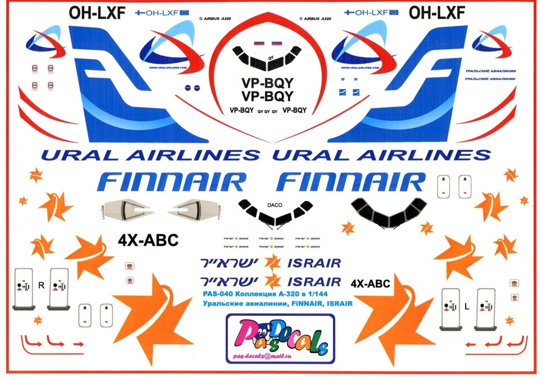 1/144 Pas-decals #PAS040 Airbus A-320-200 Ural Airlines, Finnair ...