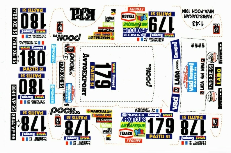 1/43 Decals for Lada 4x4 Niva Poch 178, 179 & 180 Rally Paris-dakar ...
