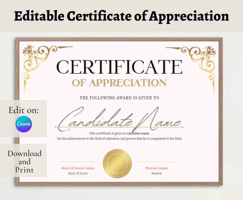 Editable Certificate of Appreciation Template: Printable Canva Design ...
