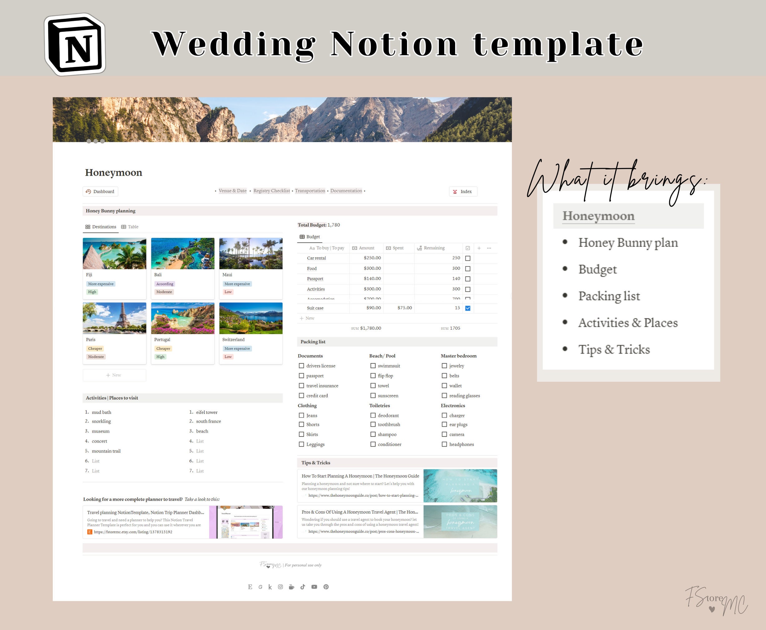 Wedding Notion Template Planner, Honeymoon Planning, Plan for Wedding ...