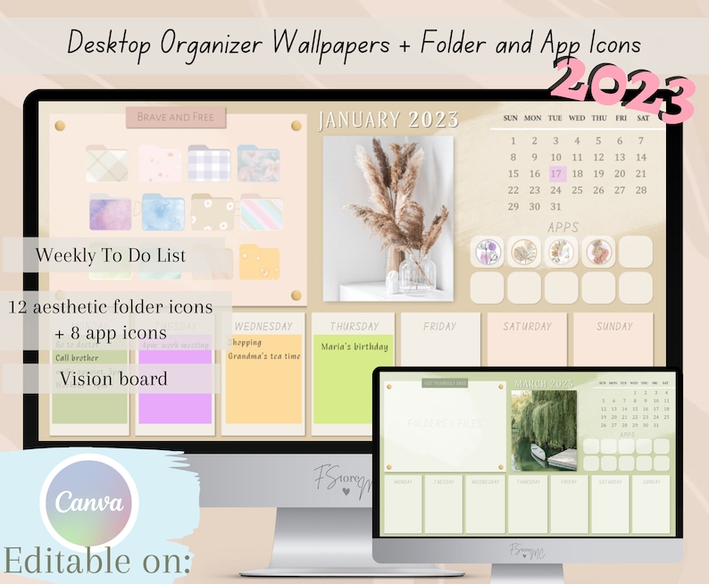 Aesthetic Desktop Wallpaper Organizer Calendar 2023, Folder Icons ...