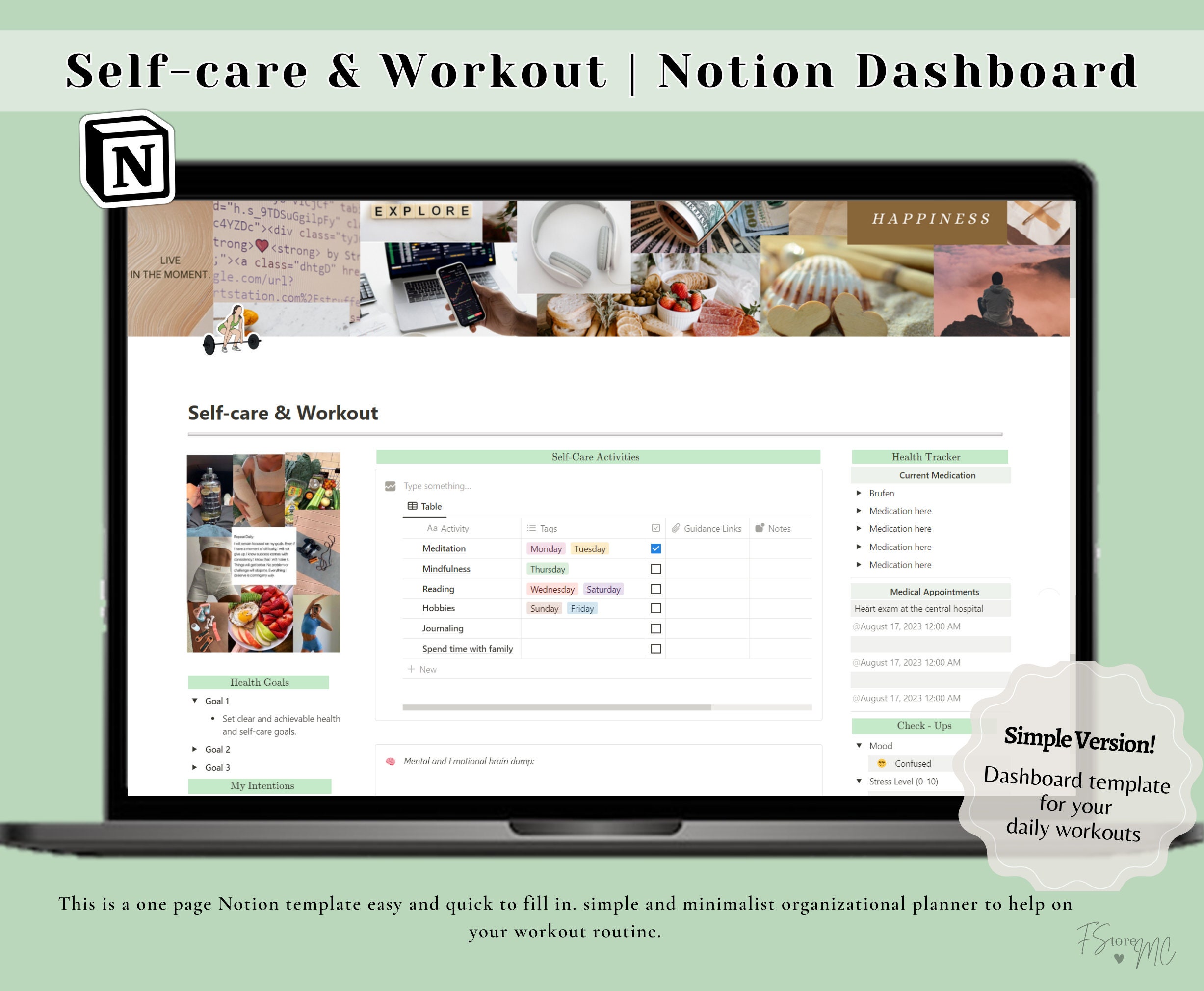 Fitness Notion Dashboard, Self-care Notion Template, Workout Tracker ...