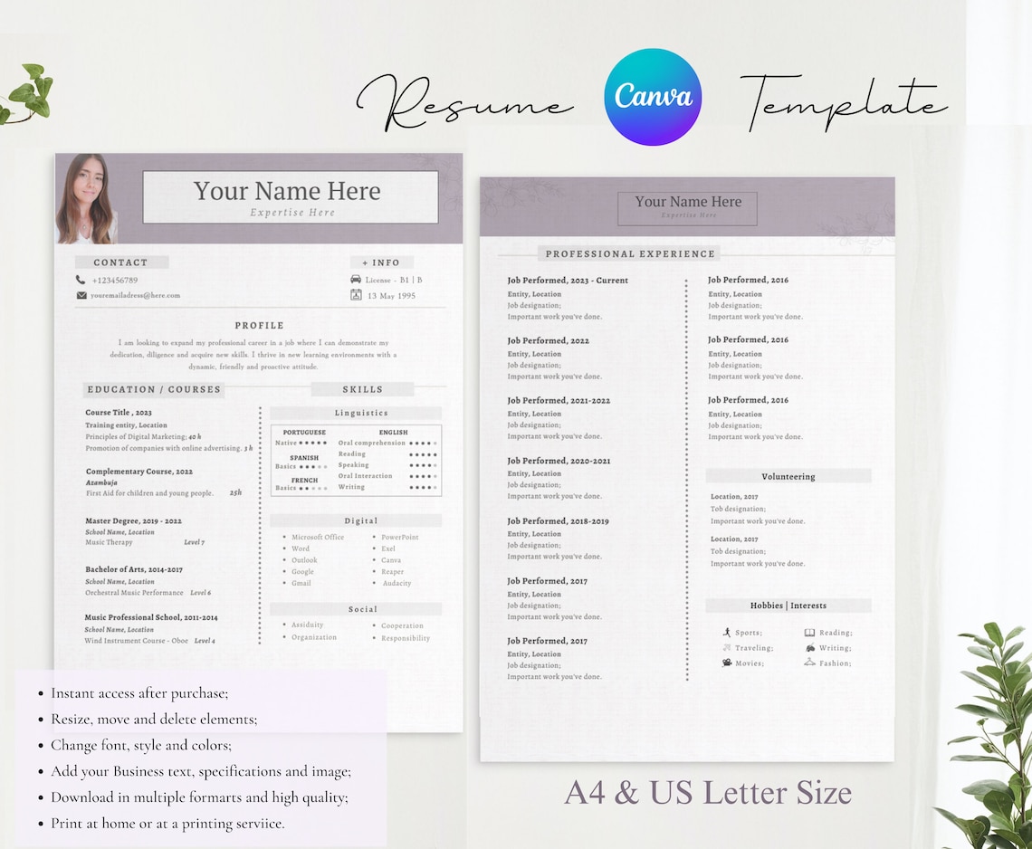 Resume Template Canva Editable, Aesthetic CV Template, Resume Template ...
