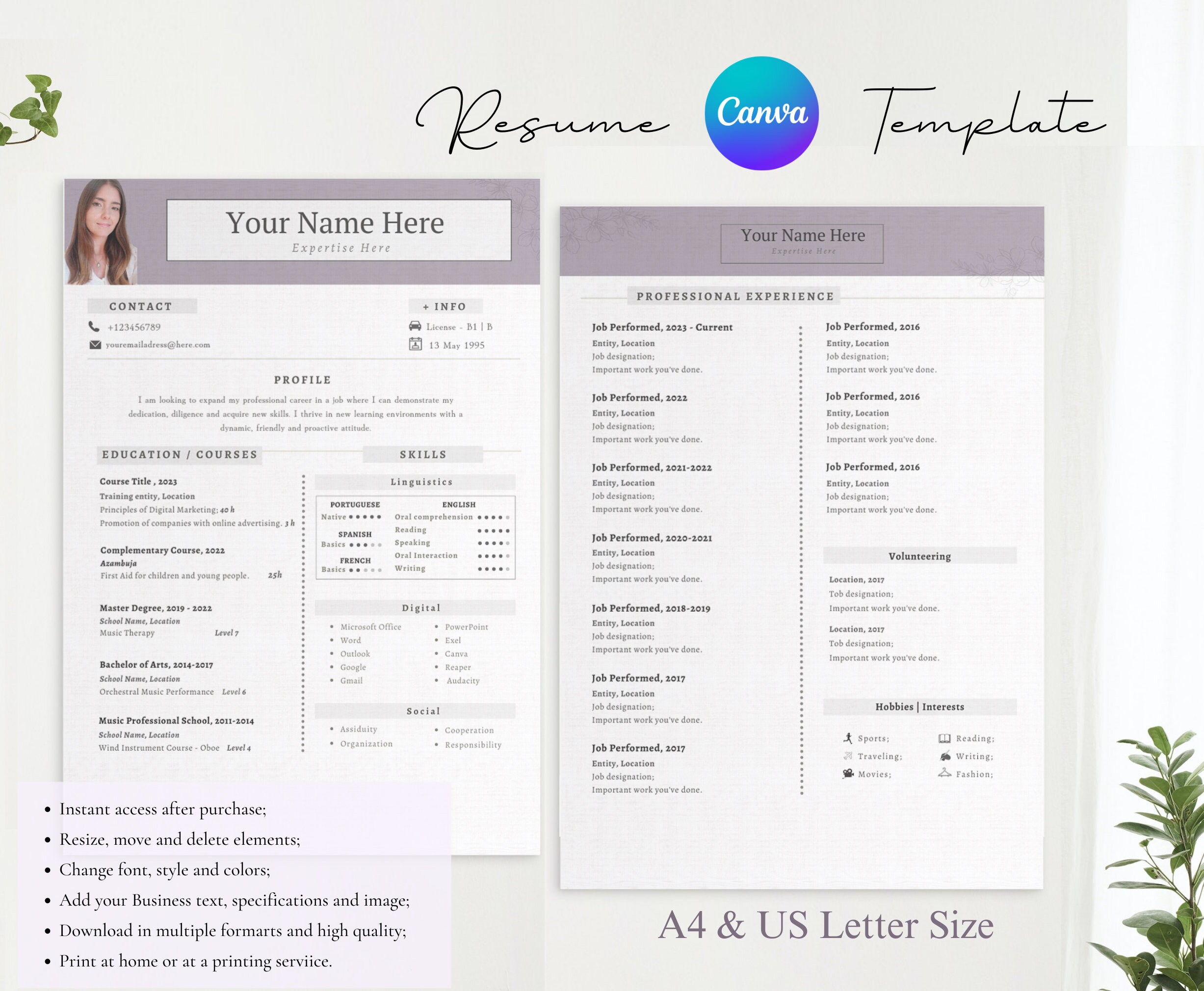 Resume Template Canva Editable, Aesthetic CV Template, Resume Template ...