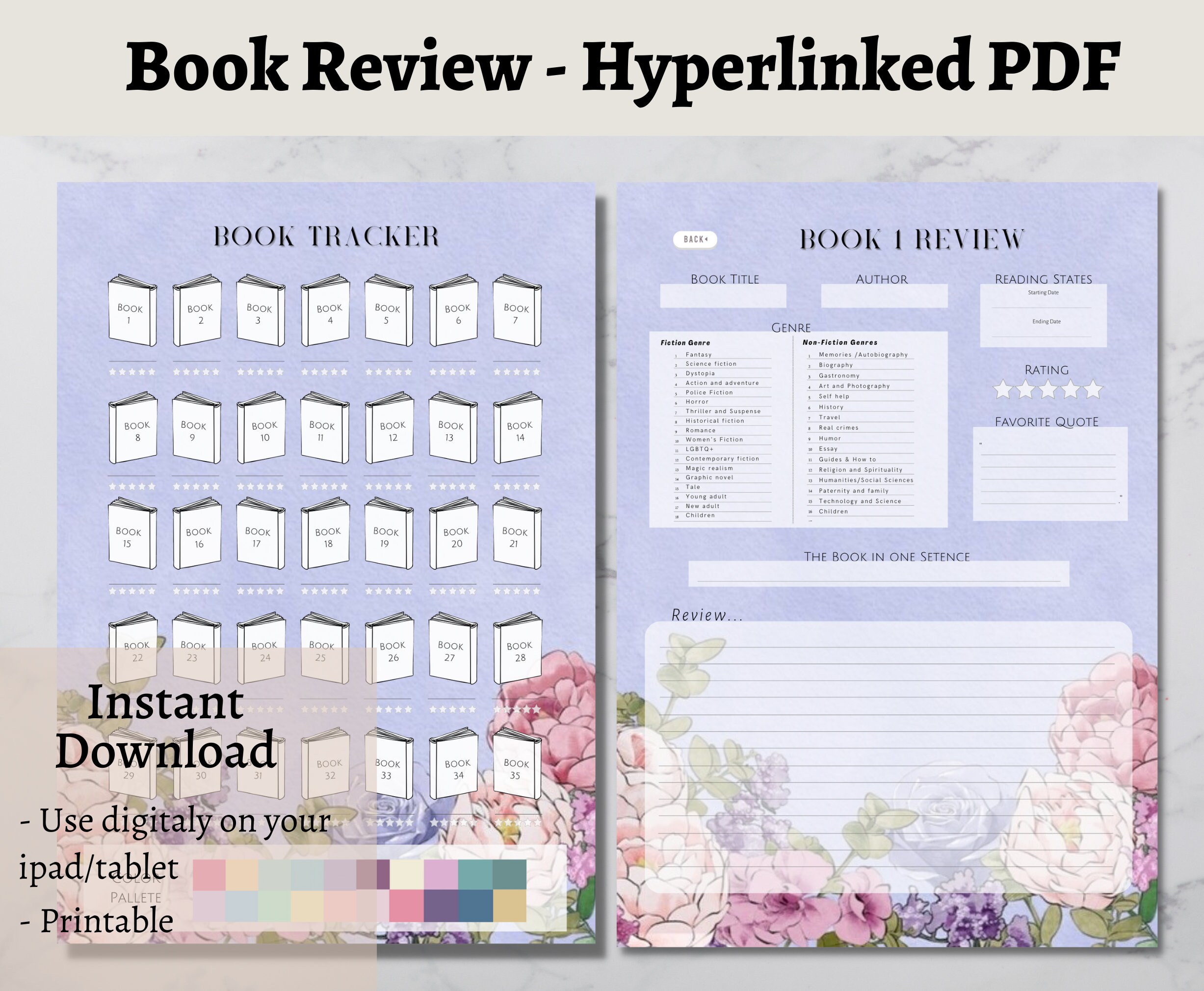 Book Review Template, Books Tracker, PDF HYPERLINKS for 35 Books With ...
