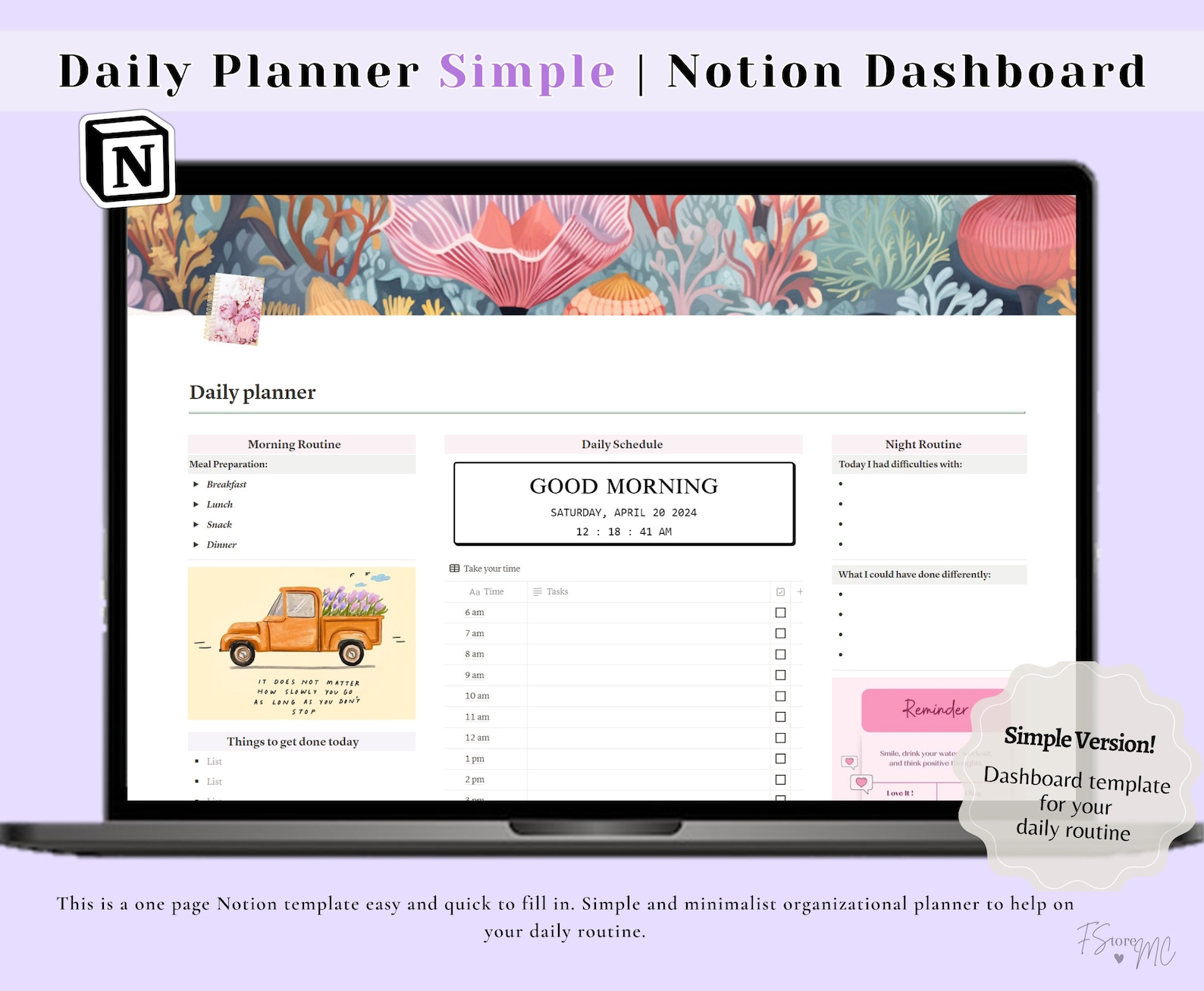 Notion Daily Planner Simple Dashboard, Easy Notion Template, Notion ...