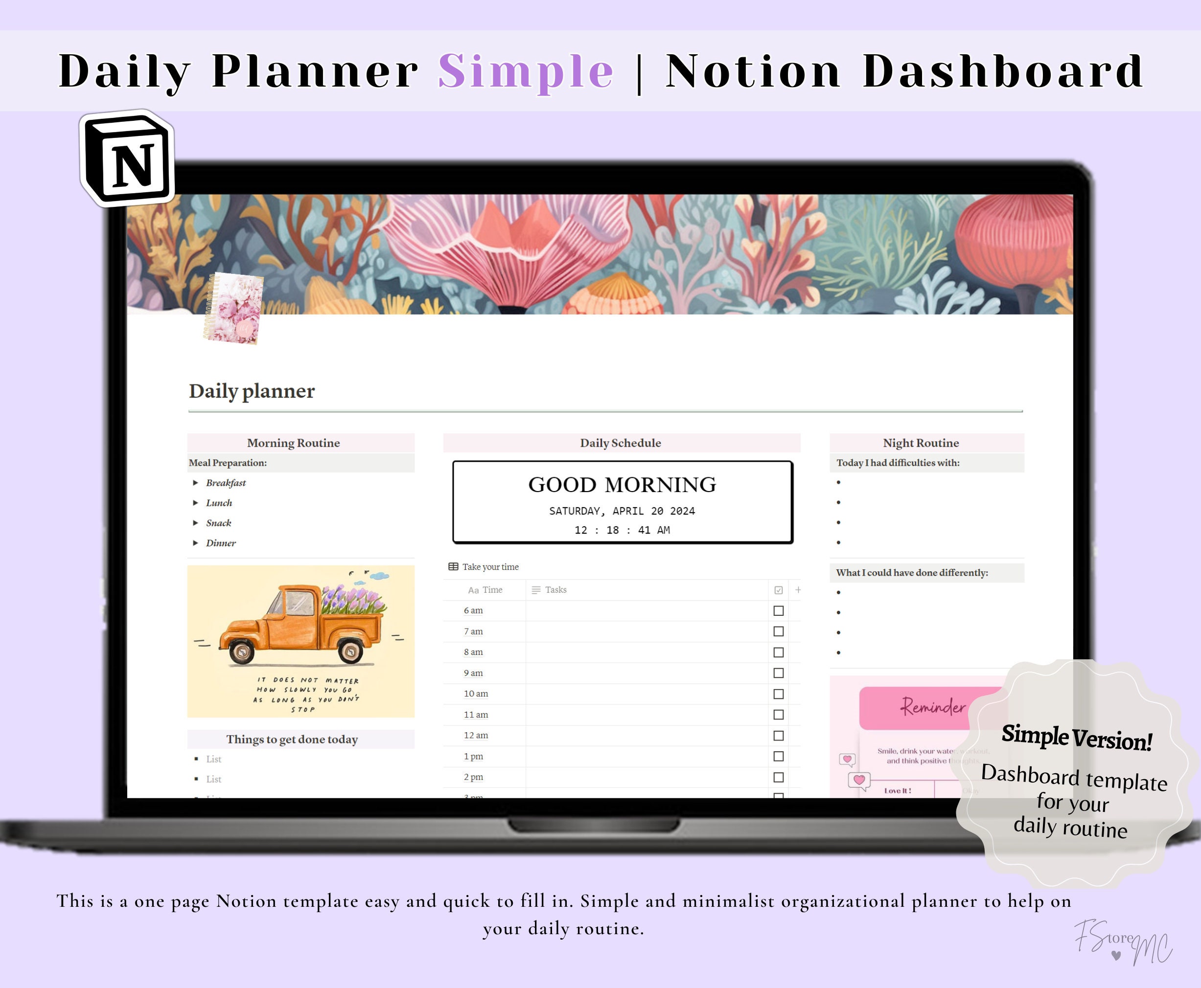 Notion Daily Planner Simple Dashboard, Easy Notion Template, Notion ...