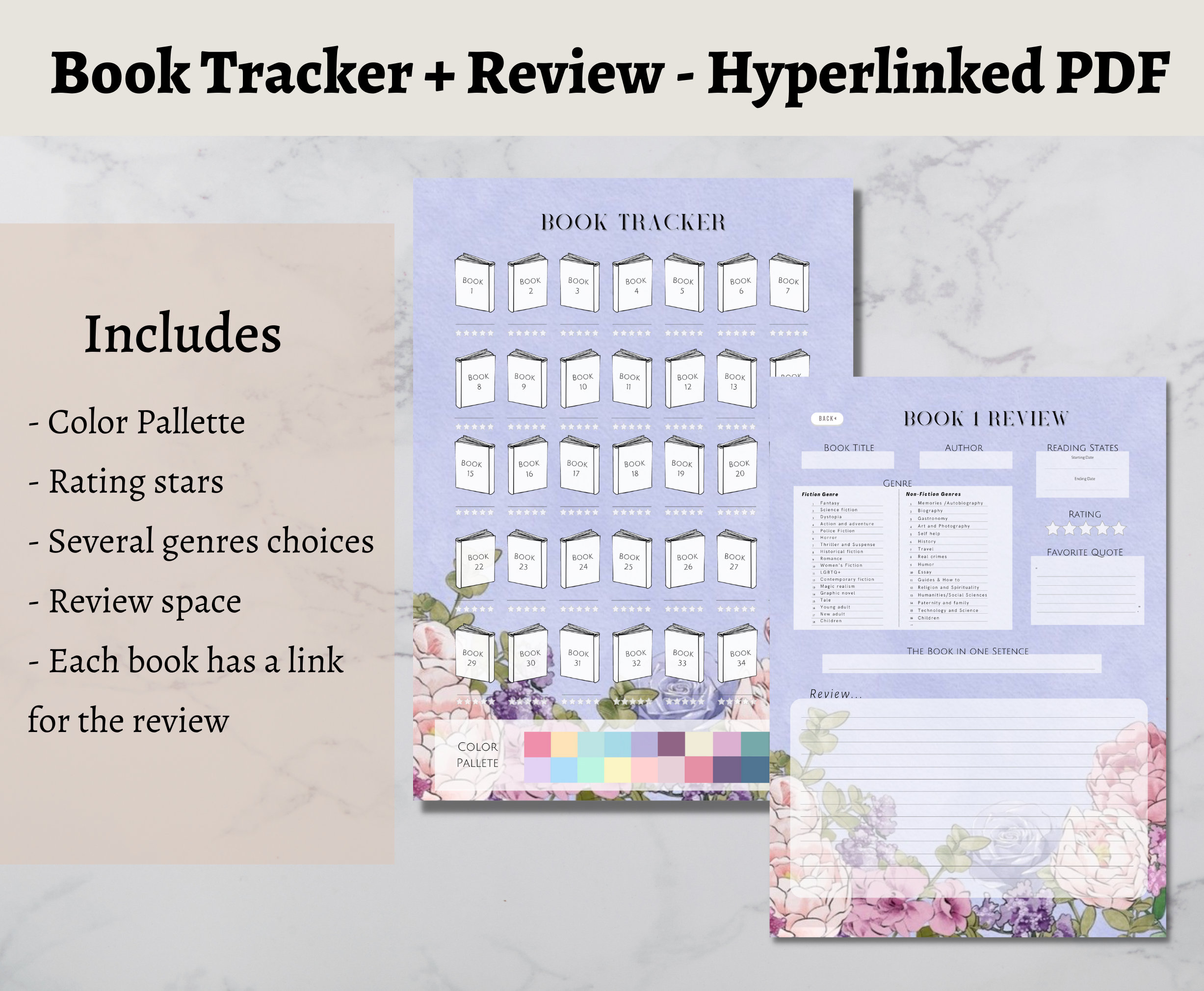 Book Review Template, Books Tracker, PDF HYPERLINKS for 35 Books With ...