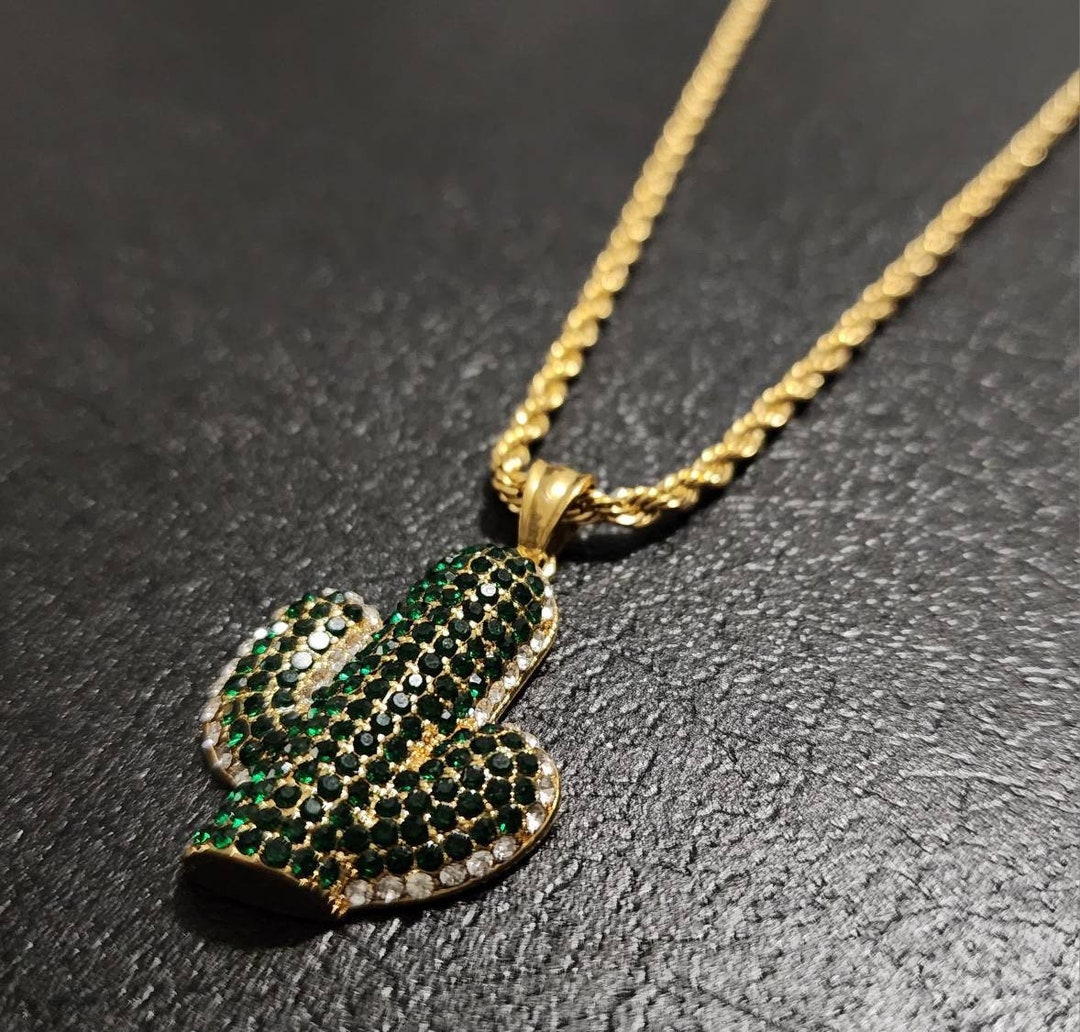 Premium Gold Plated Green Diamond Cactus Stainless Steel Pendant ...