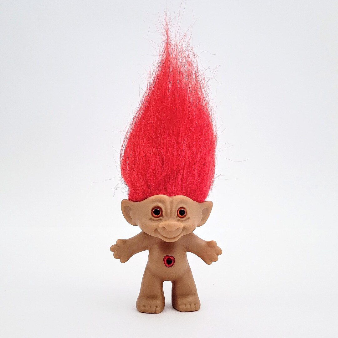 Vintage Ace Novelty Treasure Troll Doll Red Hair Red Heart Jewel Orange ...