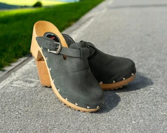 Classic Black Nubuck Leather Clogs With Buckle Detail - Etsy