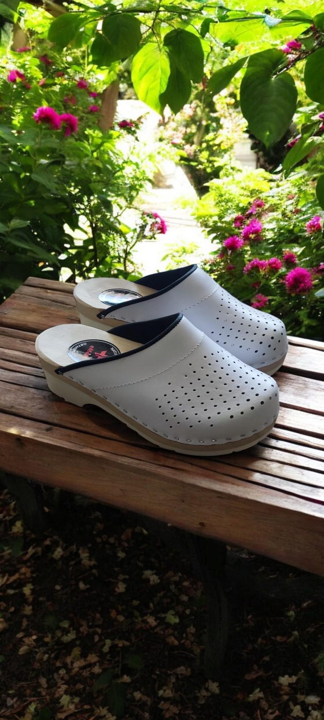 Wooden Medical Clogs – White Leather Perforated Women's and Men's Slip ...