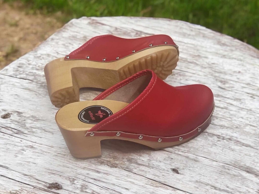 Handmade Red Leather Wooden Clogs for Women | Comfortable and Stylish ...
