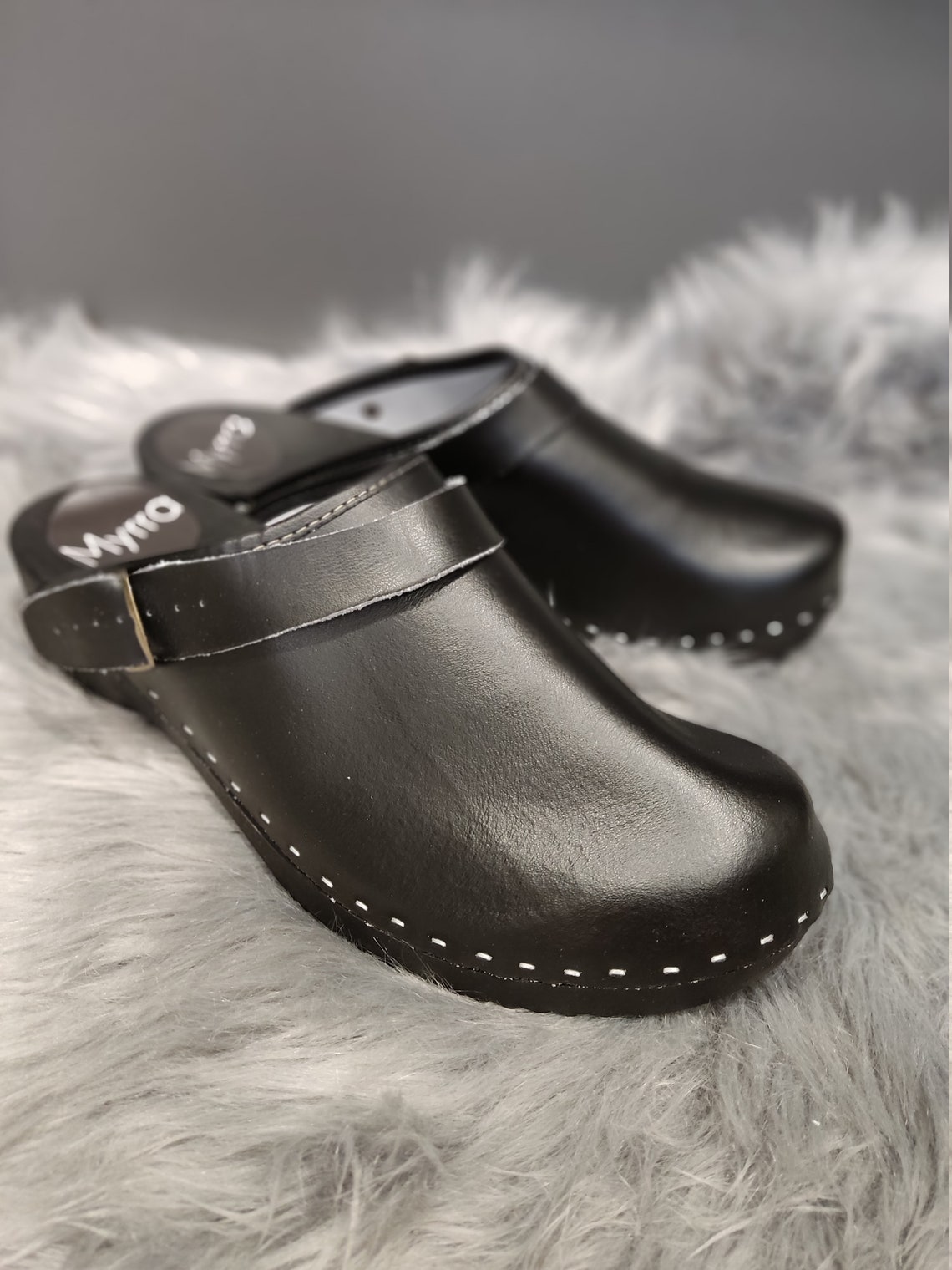Black Handmade Men's Leather Clogs With Adjustable Strap - Etsy
