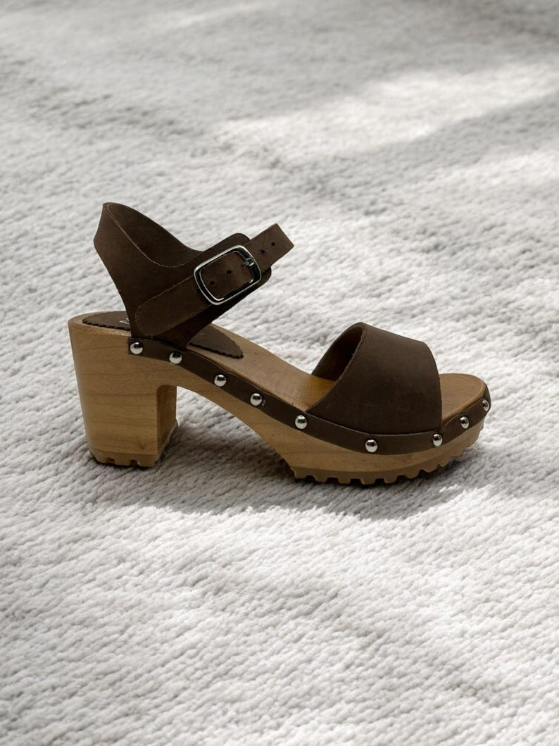 Women's Brown and Black Suede Wooden Heel Sandals – Handmade Clogs With ...