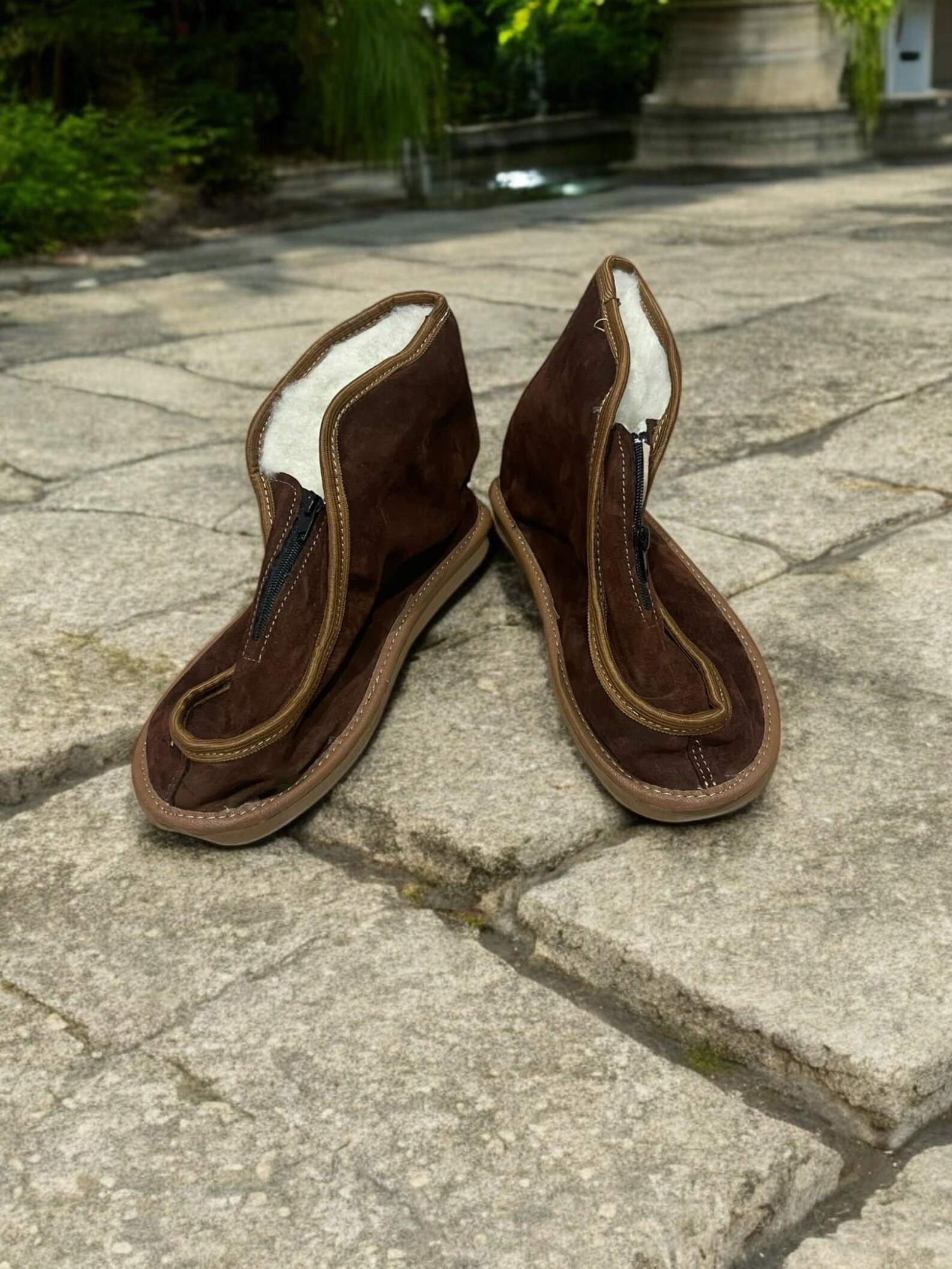 Handcrafted Brown Suede Sheepskin Ankle Slippers – Cozy Winter Indoor ...