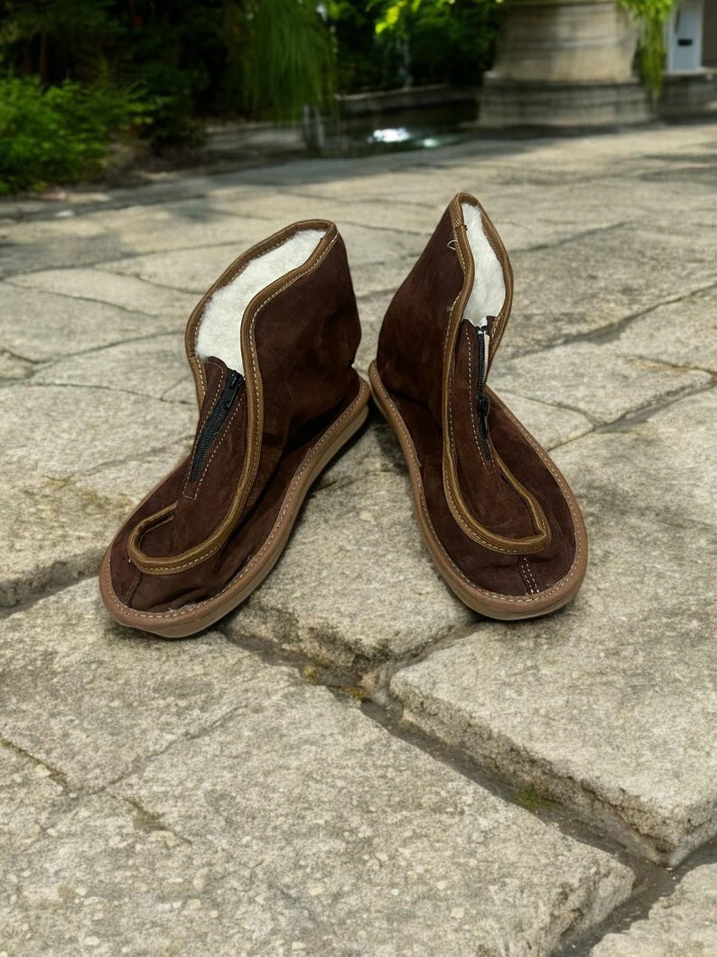 Handcrafted Brown Suede Sheepskin Ankle Slippers – Cozy Winter Indoor ...