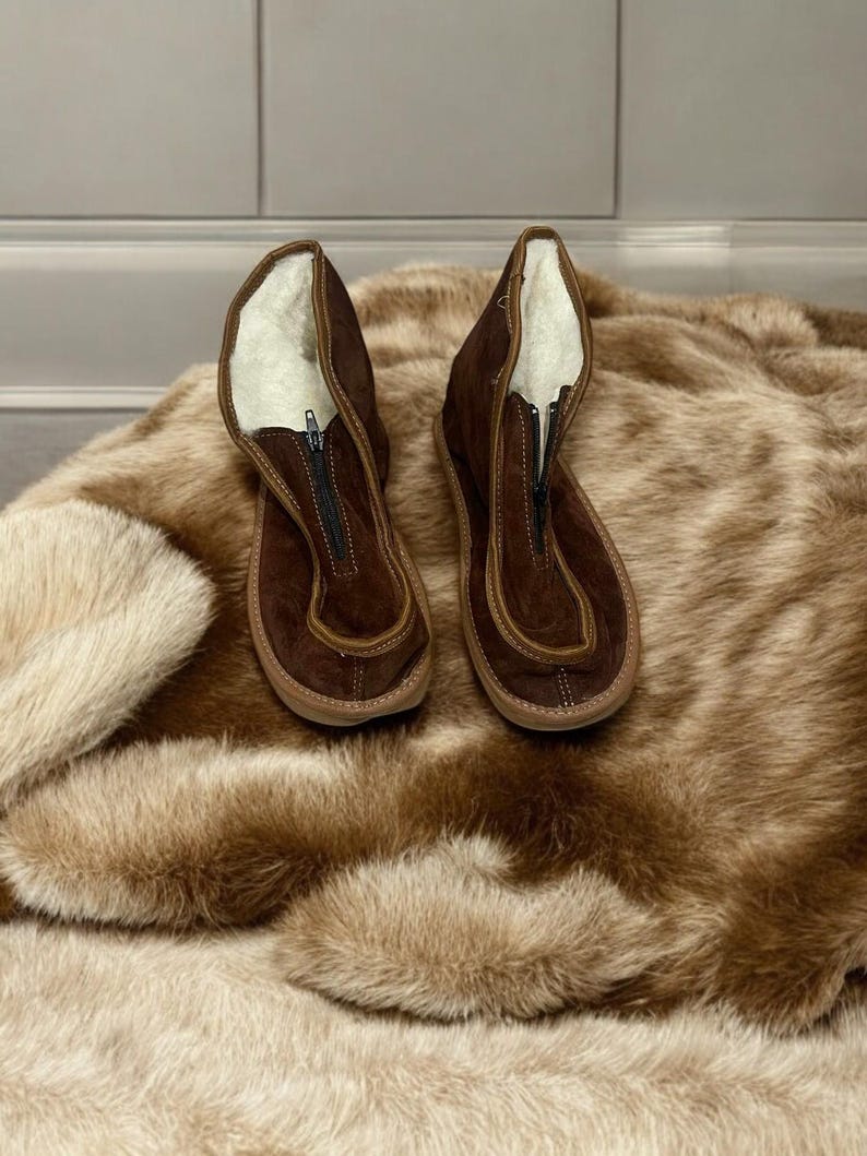 Handcrafted Brown Suede Sheepskin Ankle Slippers – Cozy Winter Indoor ...
