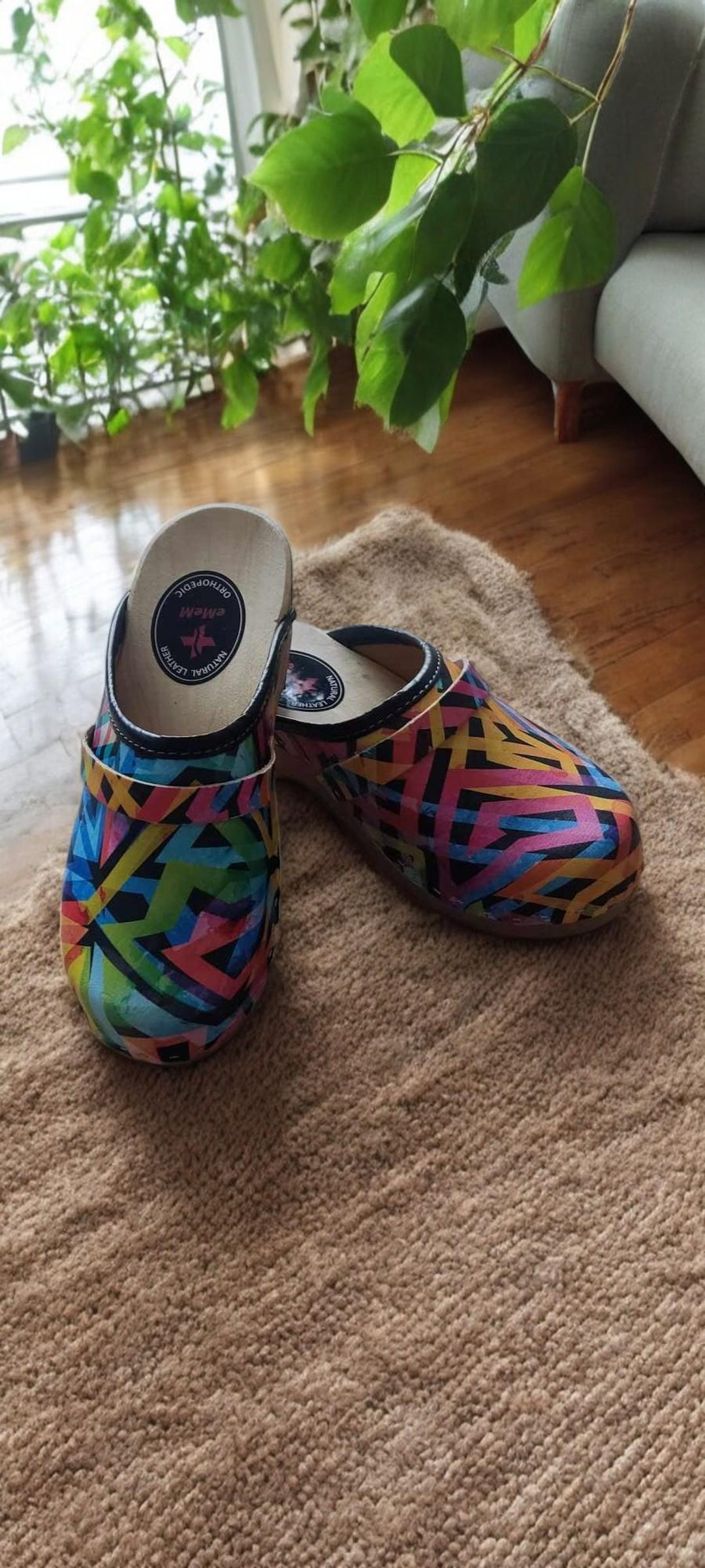 Colorful Geometric Leather Clogs – Handmade Wooden Sole Orthopedic ...