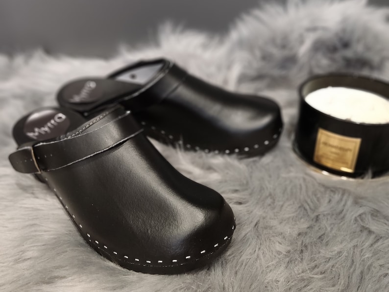 Handmade Men's Wooden Clogs With Adjustable Strap Linden Wood BLACK ...