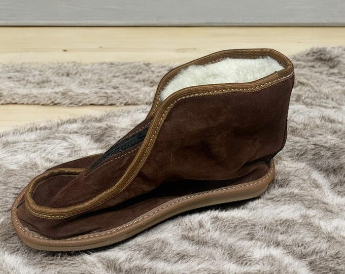 Handcrafted Brown Suede Sheepskin Ankle Slippers – Cozy Winter Indoor ...