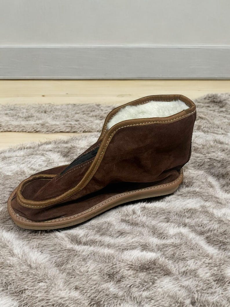 Handcrafted Brown Suede Sheepskin Ankle Slippers – Cozy Winter Indoor ...