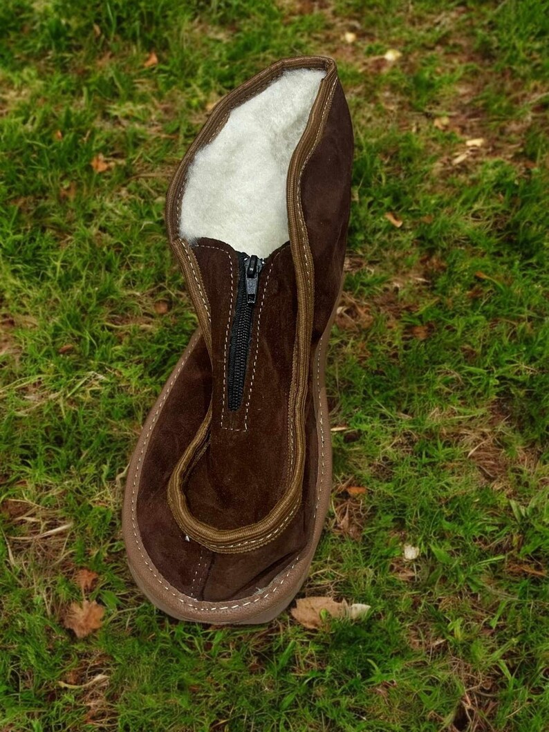 Handcrafted Brown Suede Sheepskin Ankle Slippers – Cozy Winter Indoor ...