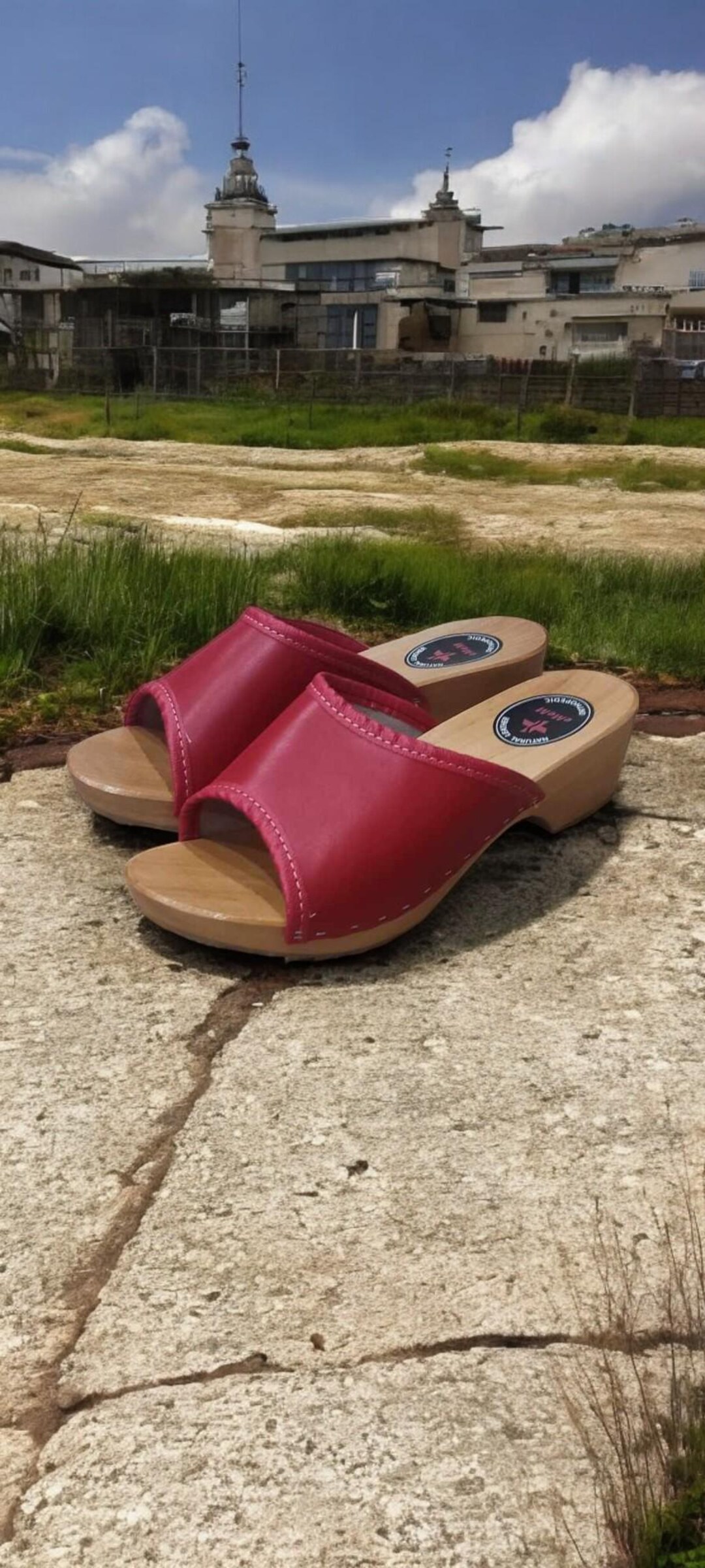 Women's Leather Wooden Clogs – Handmade Open-toe Slip-on Sandals Red ...