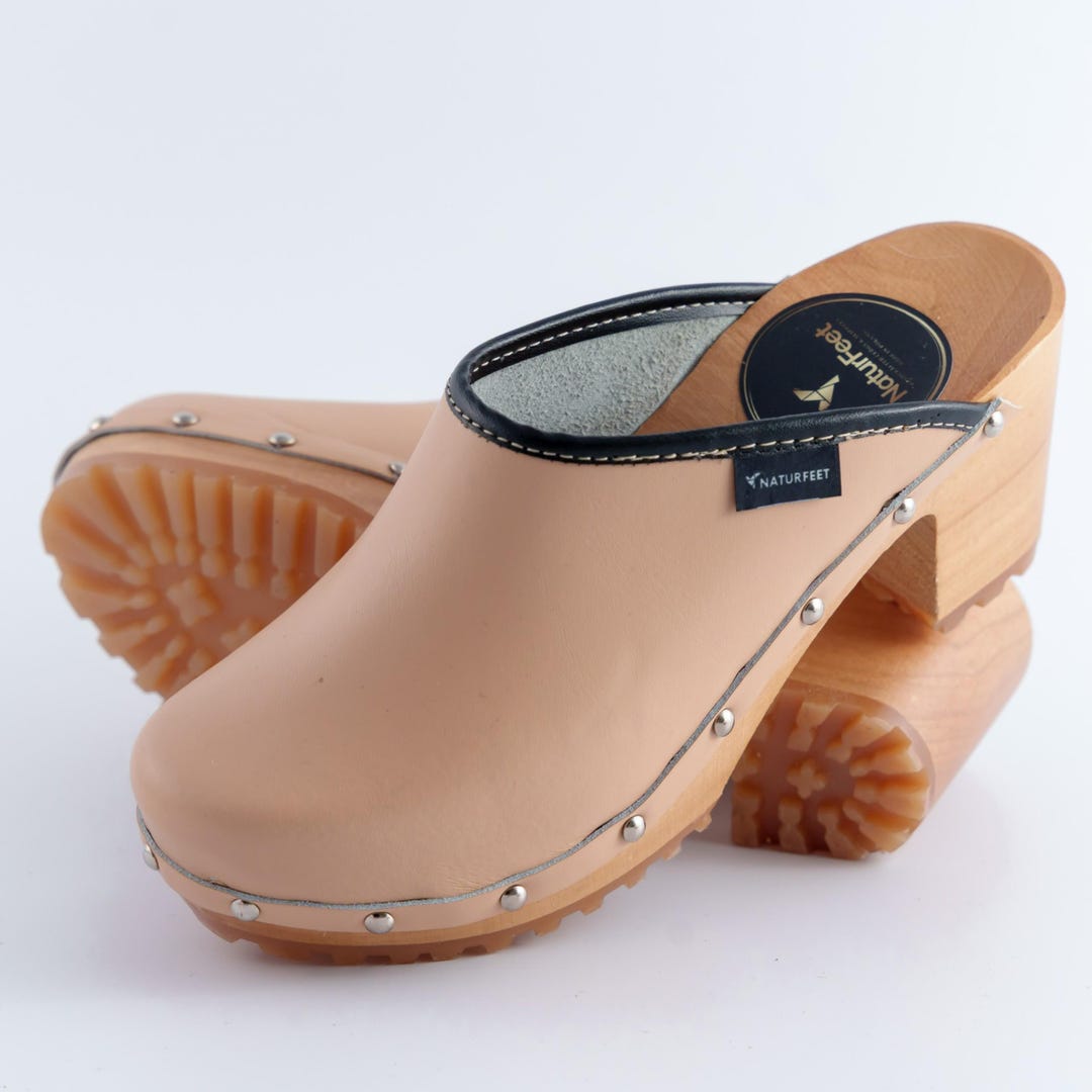 Handmade Leather Clogs – Wooden Heel Slip-ons, Natural Cowhide ...